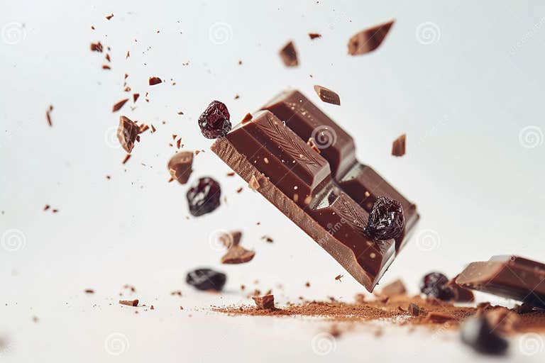 Levitating Chocolate Bar with Exploding Pieces and Berries Stock Photo ...