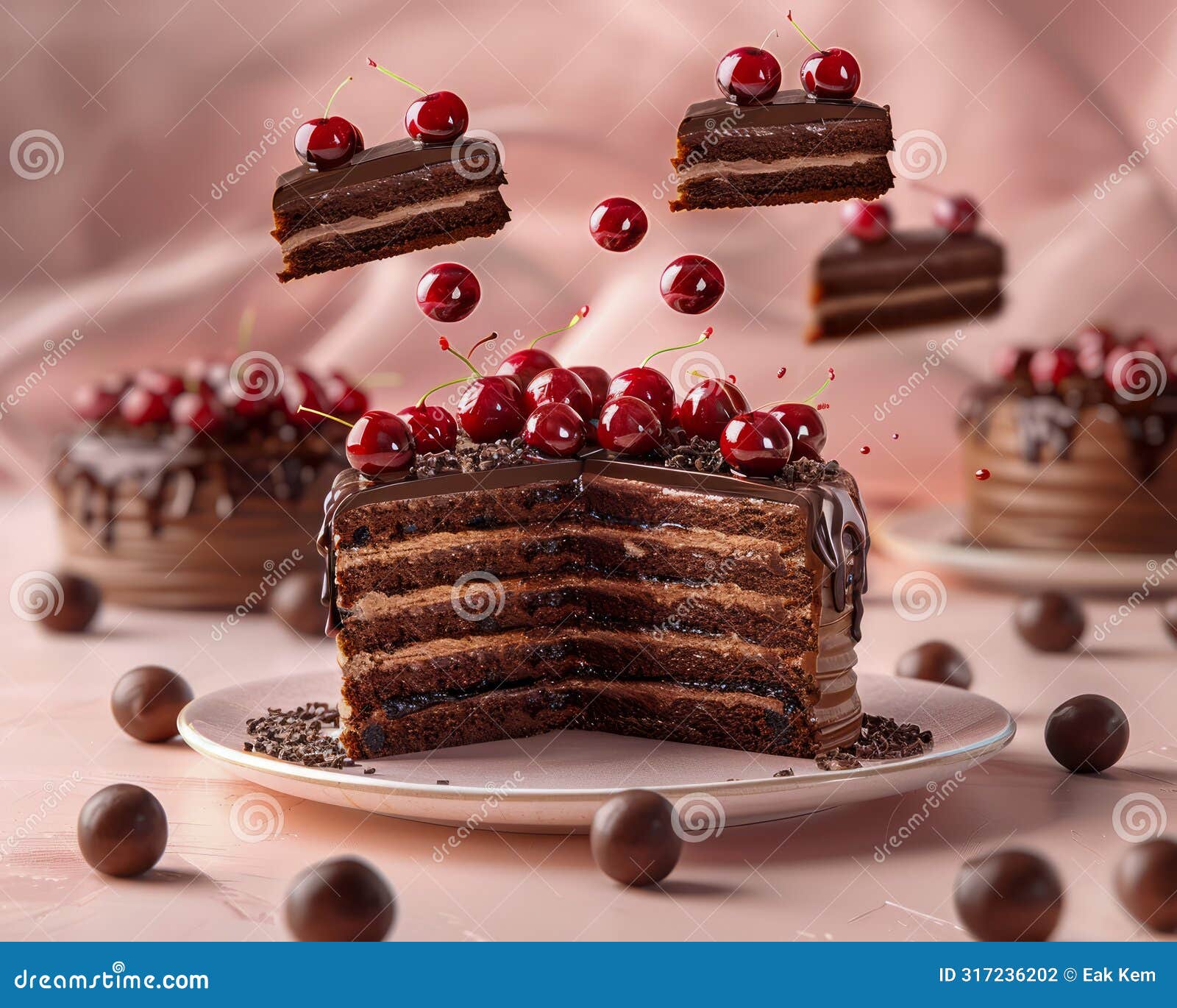 Levitating Chocolate Layer Cake With Cherries On Elegant Plate Against ...