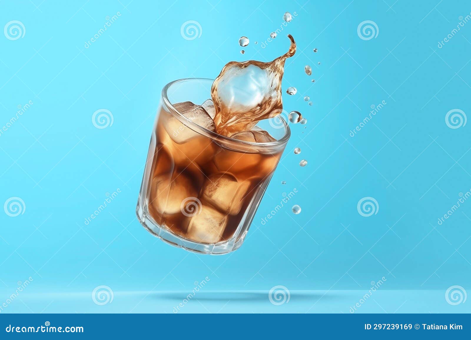 Levitating Iced Coffee in a Glass Glass on a Blue Background Close-up ...