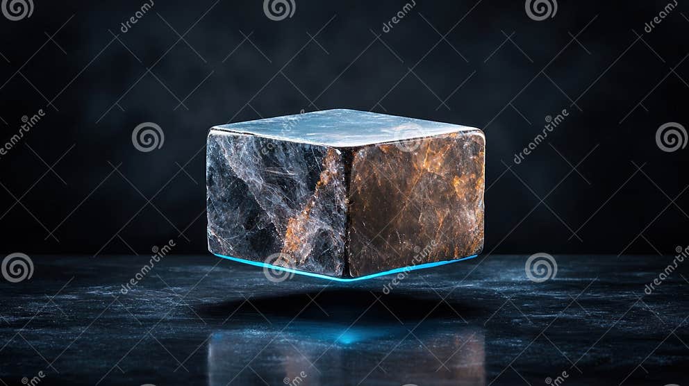 Levitating Marble Cube with Glowing Edges Stock Illustration ...