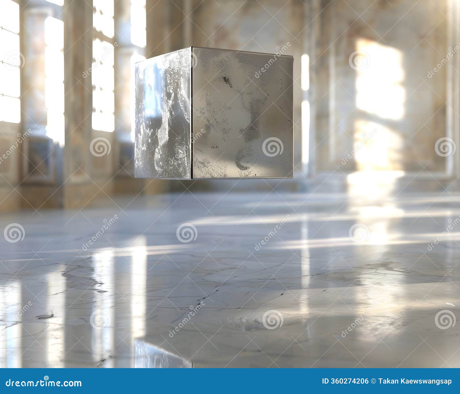 Levitating Mirrored Cube Suspended in Minimalist Digital Composition ...