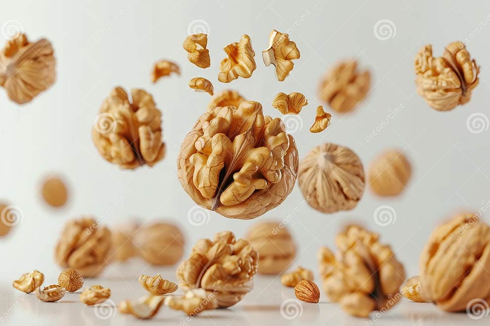 Levitating Nuts Falling in Mid Air Against a White Background ...