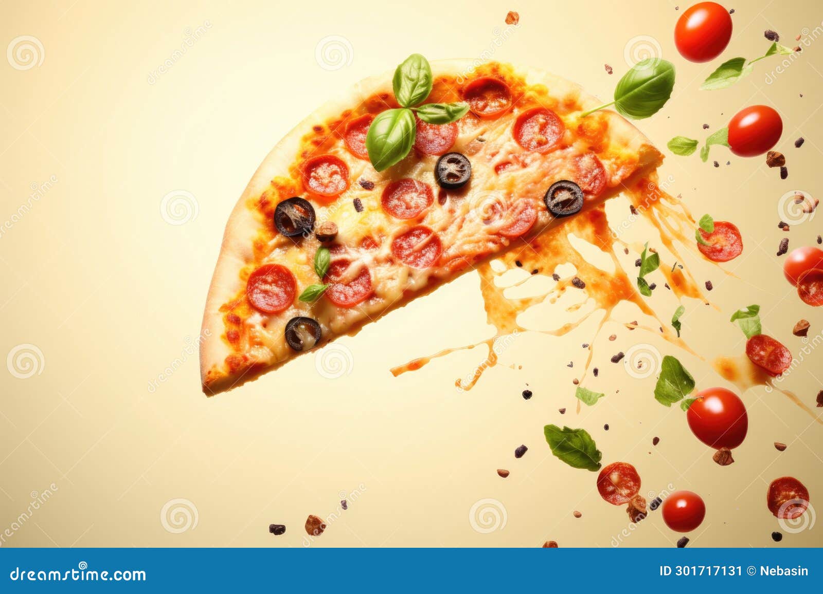 Levitating Pizza Slice with Flying Cheese, Tomatoes, Greens, and Olives ...