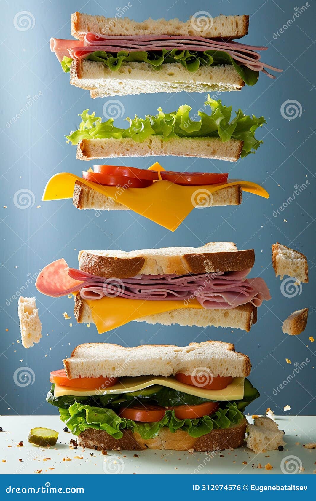 Levitating Sandwich Layers on Blue Background. Vertical Orientation ...