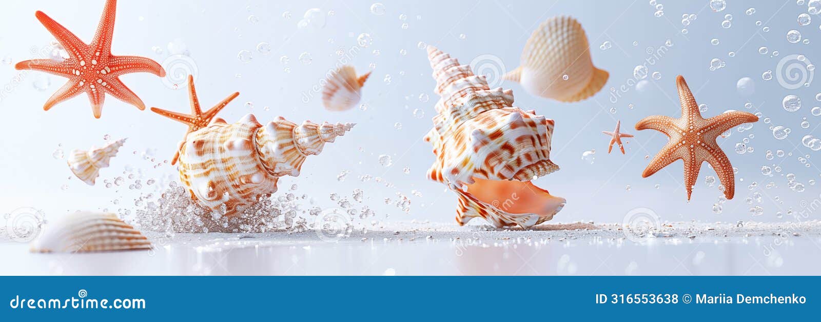 Levitating Seashells and Starfish Exploding on Sandy Beach with ...