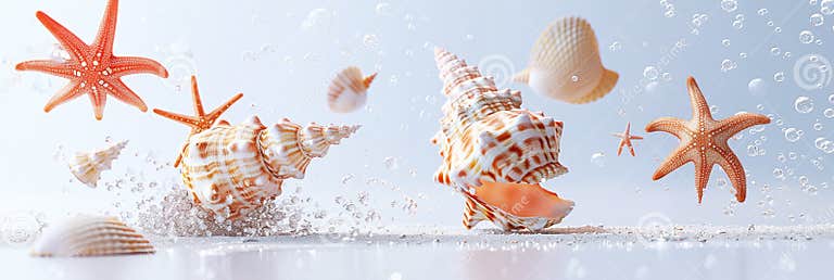 Levitating Seashells and Starfish Exploding on Sandy Beach with ...