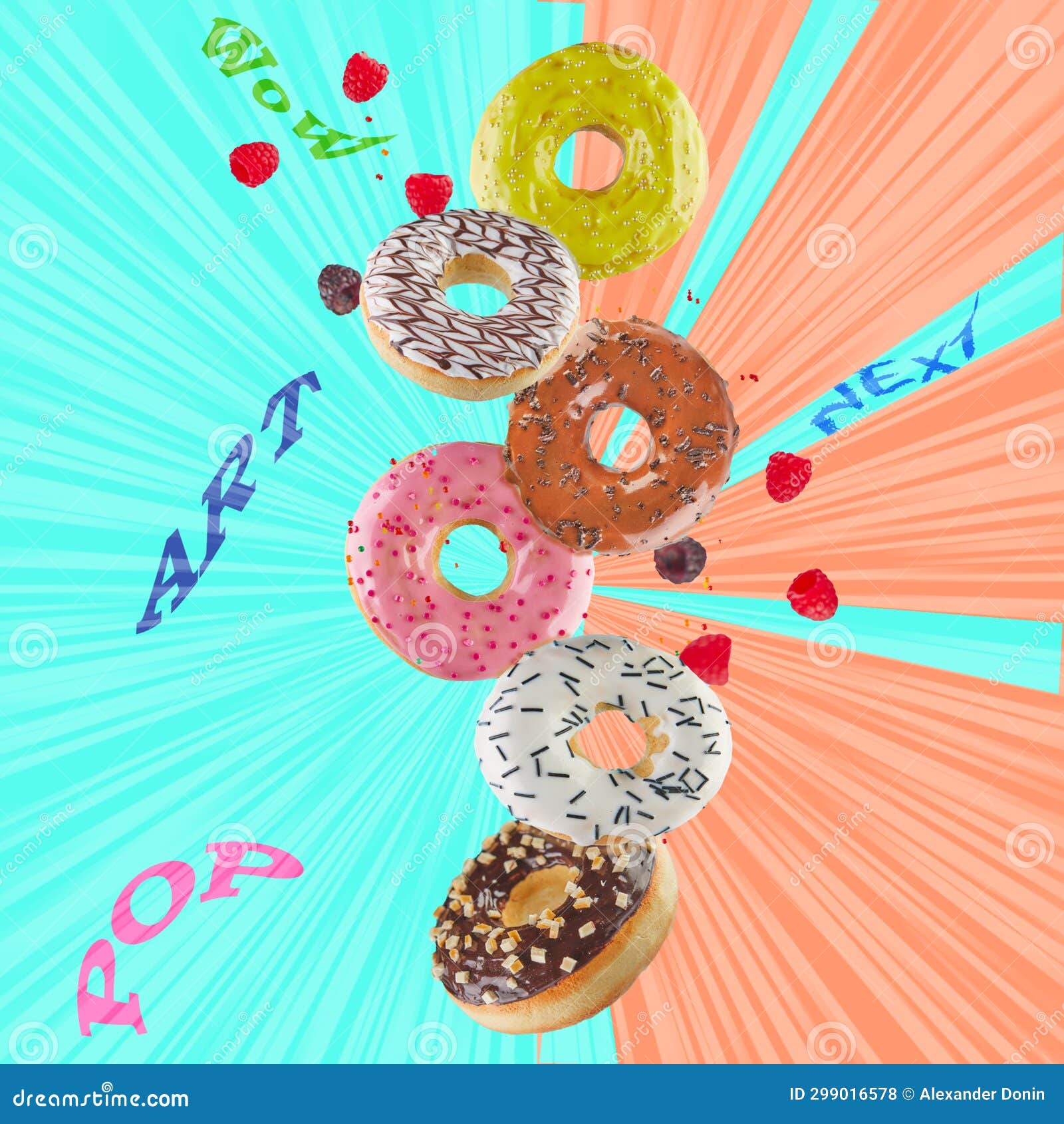 Levitation, Flying Donuts of Different Colors with Raspberries, in Pop ...