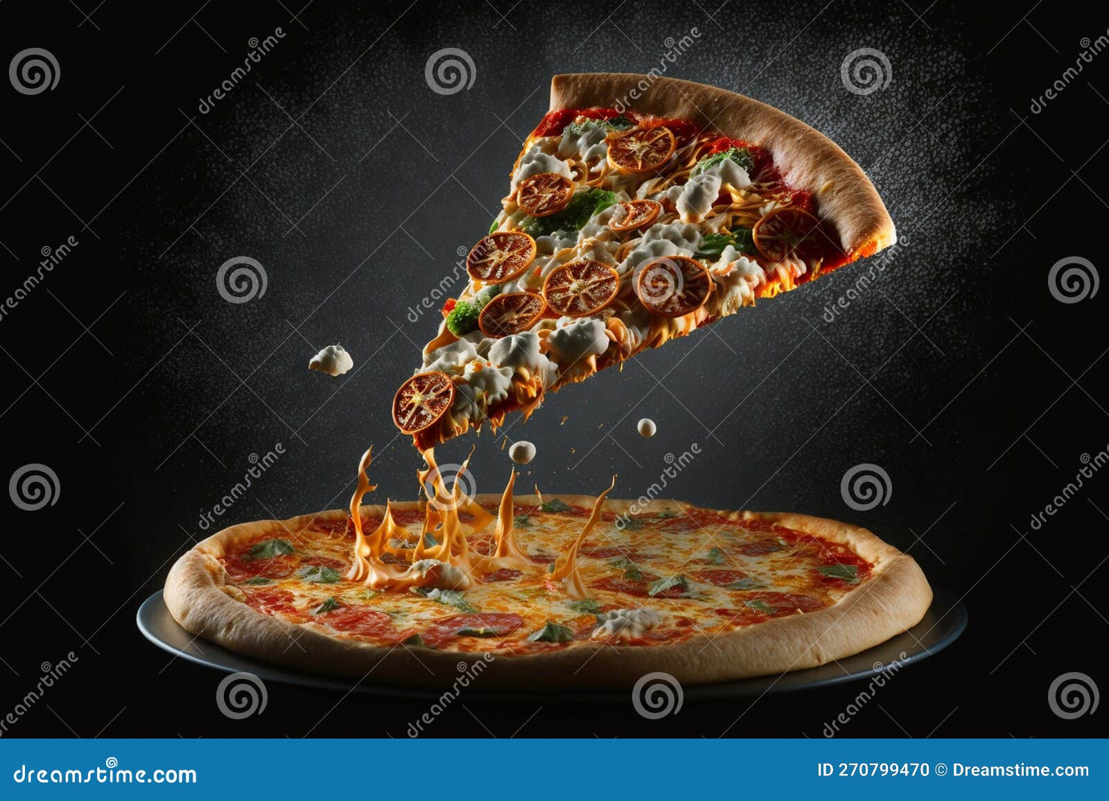 Levitation Pizza on Black Background Generative AI Stock Illustration ...
