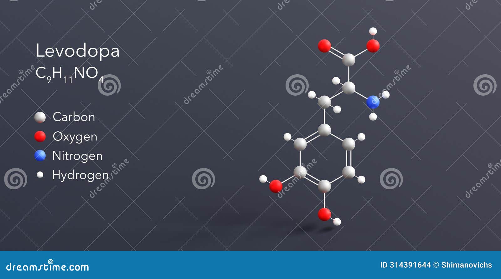 Levodopa Molecule, Structural Chemical Formula, Ball-and-stick Model ...