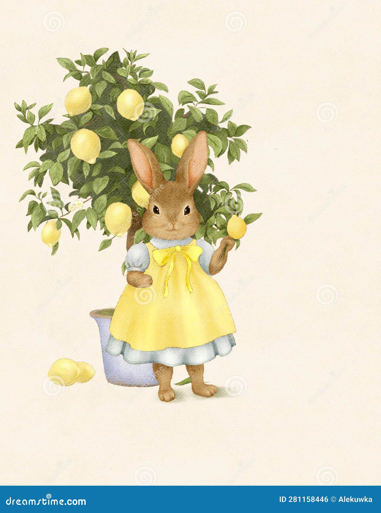 Drawing of a Cute Rabbit in Yellow Clothes with Lemons, Summer ...