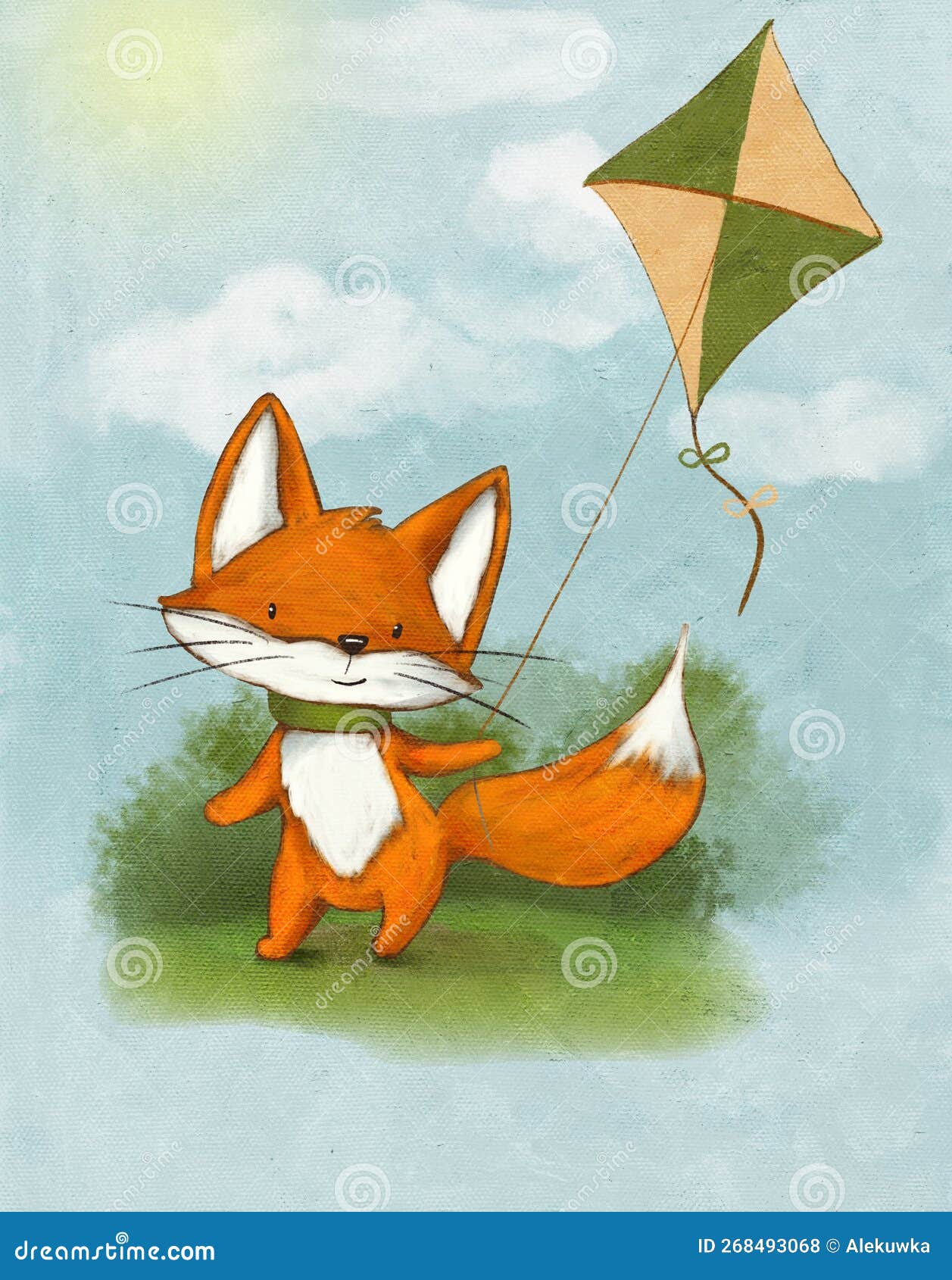 Cartoon Drawing Of A Cute Little Fox Playing With A Kite, A Bushman ...