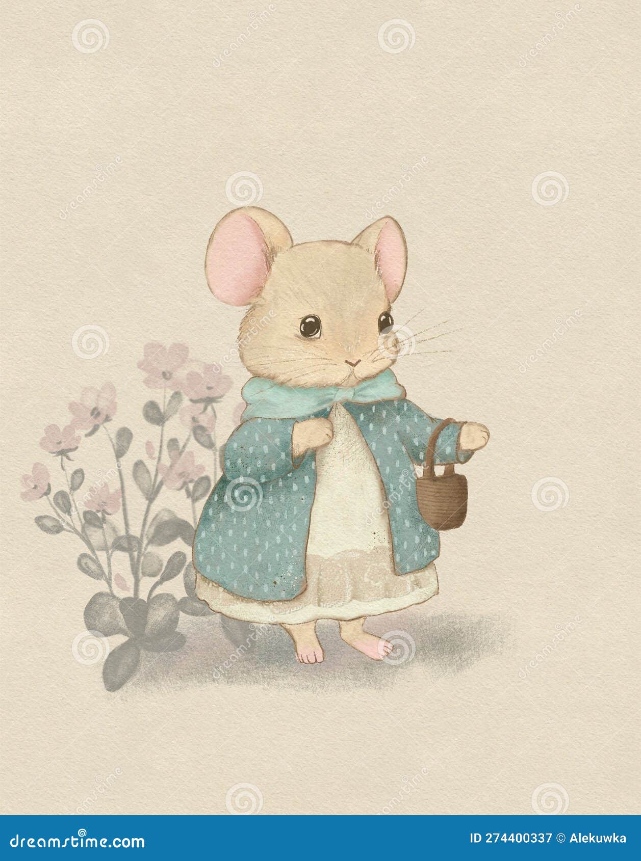 Pastel Vintage Mouse Drawing, Cute Baby Animal, Kids Birthday Card ...