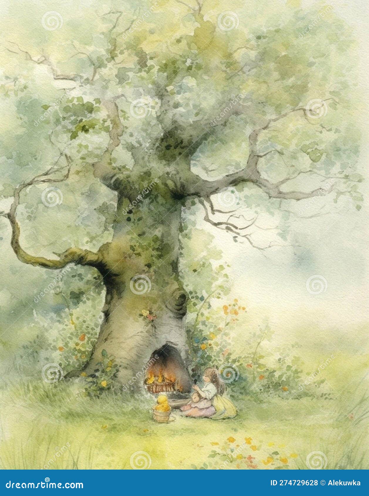 Magic Fairytale Glade in the Forest, Watercolor Drawing of a Large Tree ...