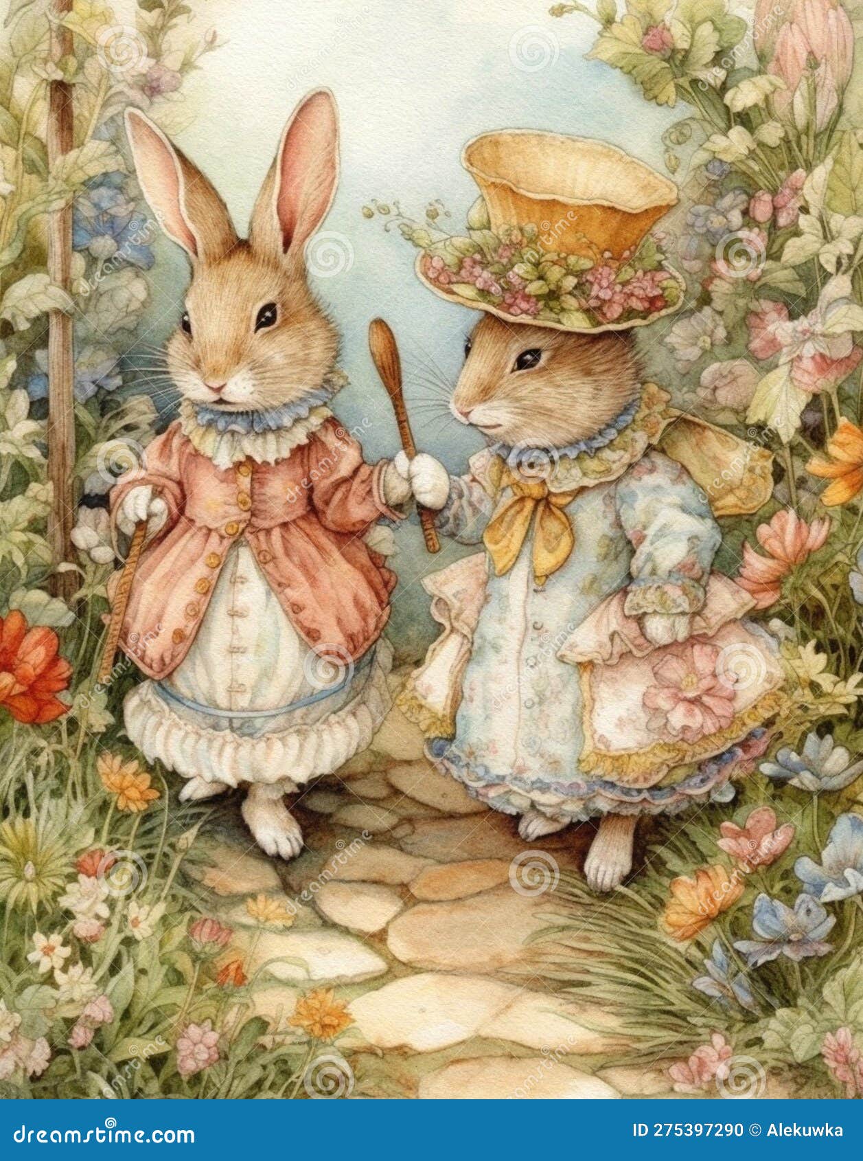 Watercolor Vintage Drawing of Two Cute Rabbits in a Vintage Atmosphere ...