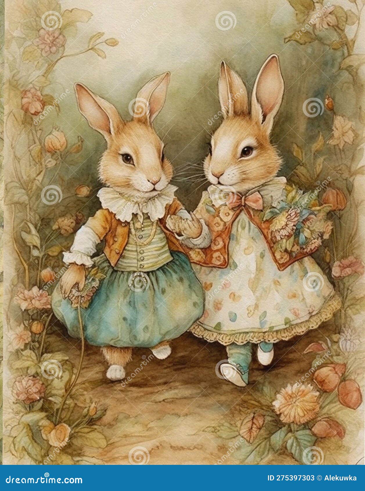 Watercolor Vintage Drawing of Two Cute Rabbits in a Vintage Atmosphere ...