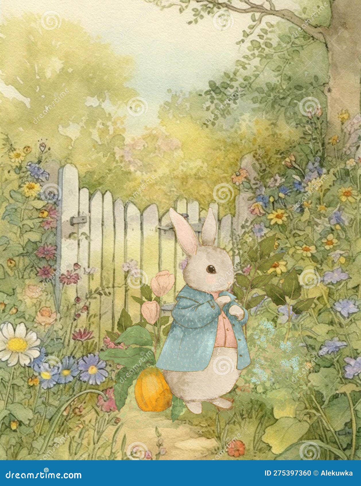 Watercolor Vintage Drawing of a Rabbit in Vintage Clothes Walking in ...