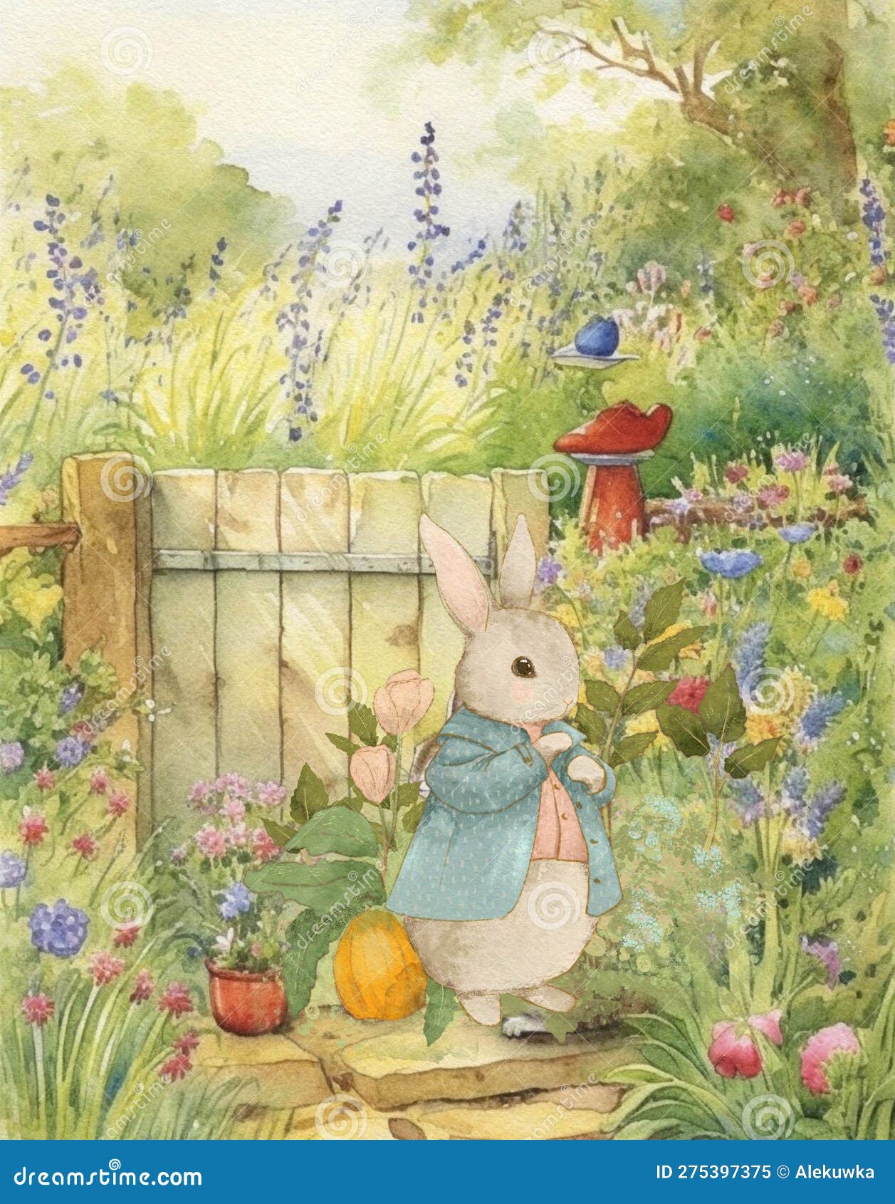 Watercolor Vintage Drawing of a Rabbit in Vintage Clothes Walking in ...