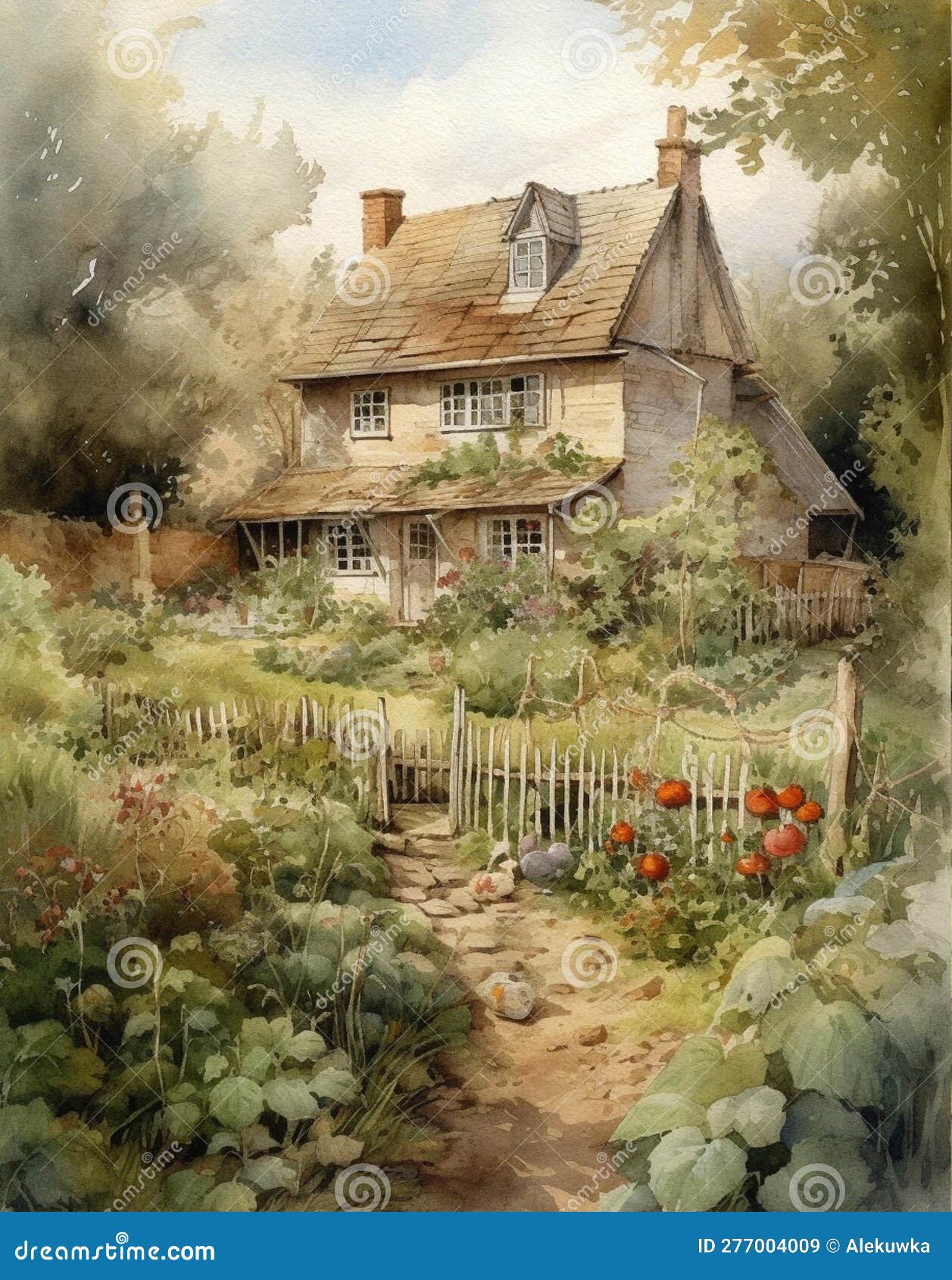 Watercolor Summer Vintage Drawing of a Summer House in the Village in ...