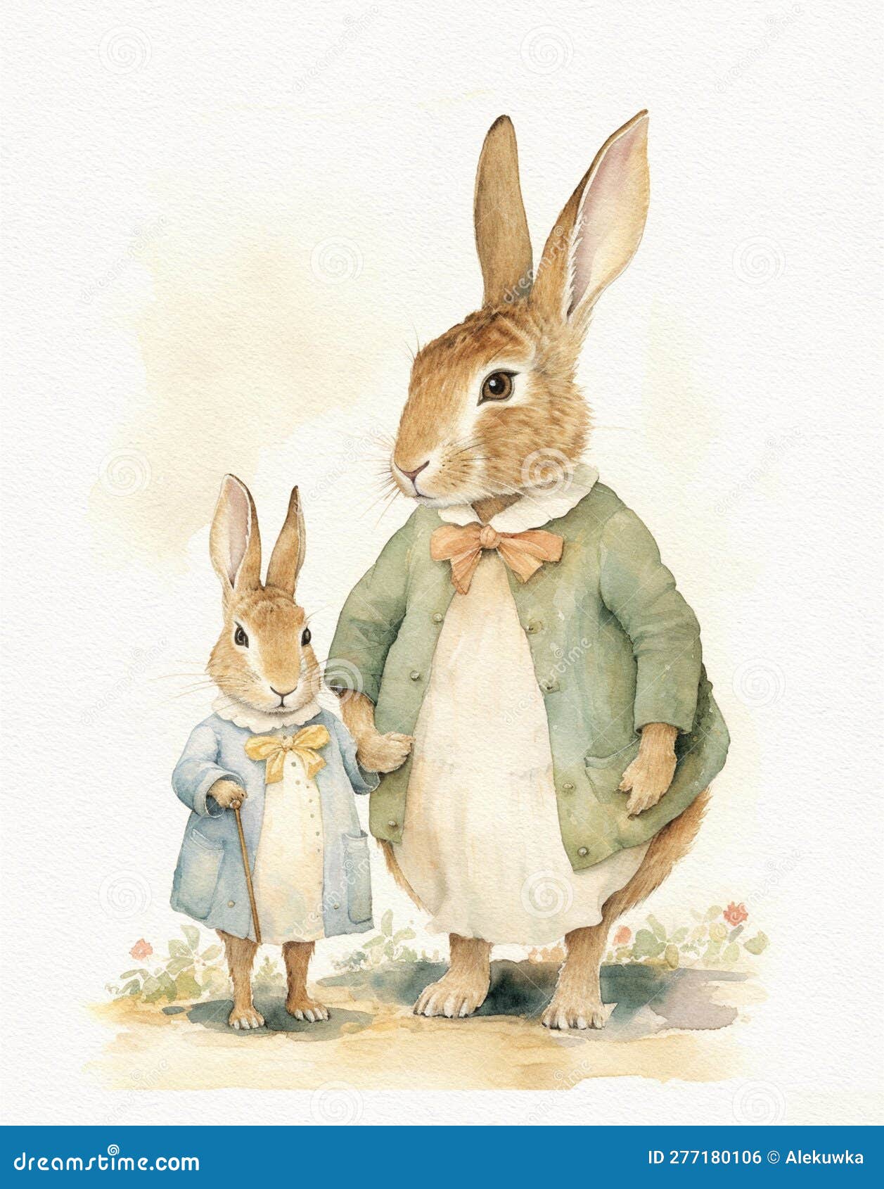 Watercolor Drawing of a Happy Family of Rabbit Mom and Baby in Vintage ...