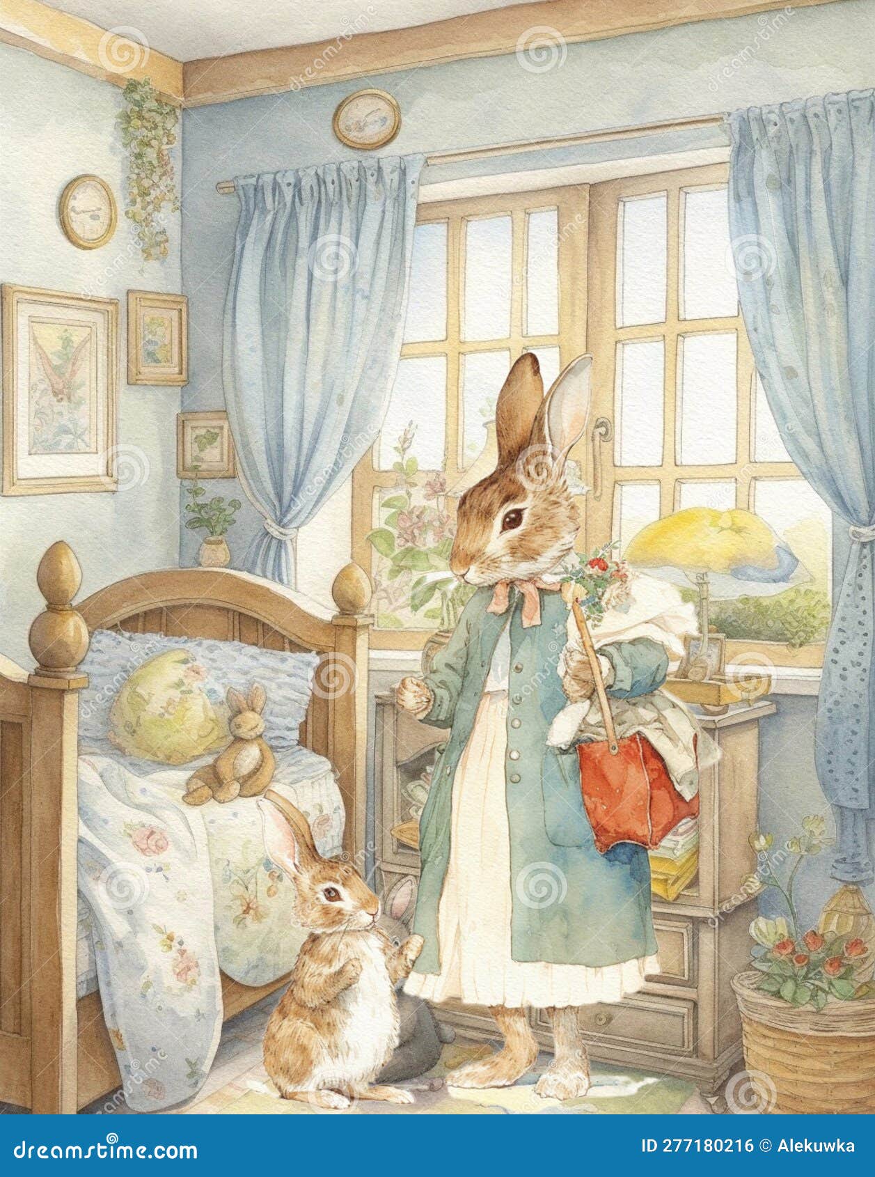 Watercolor Drawing of a Happy Family of Rabbit Mom and Baby in Vintage ...