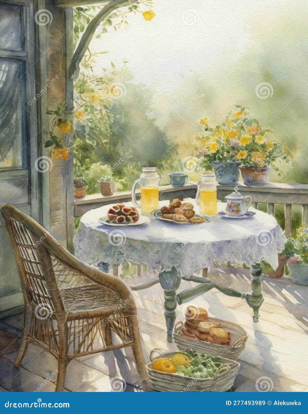 Watercolor Drawing of a Vintage Summer Veranda, Summer Breakfast on the ...
