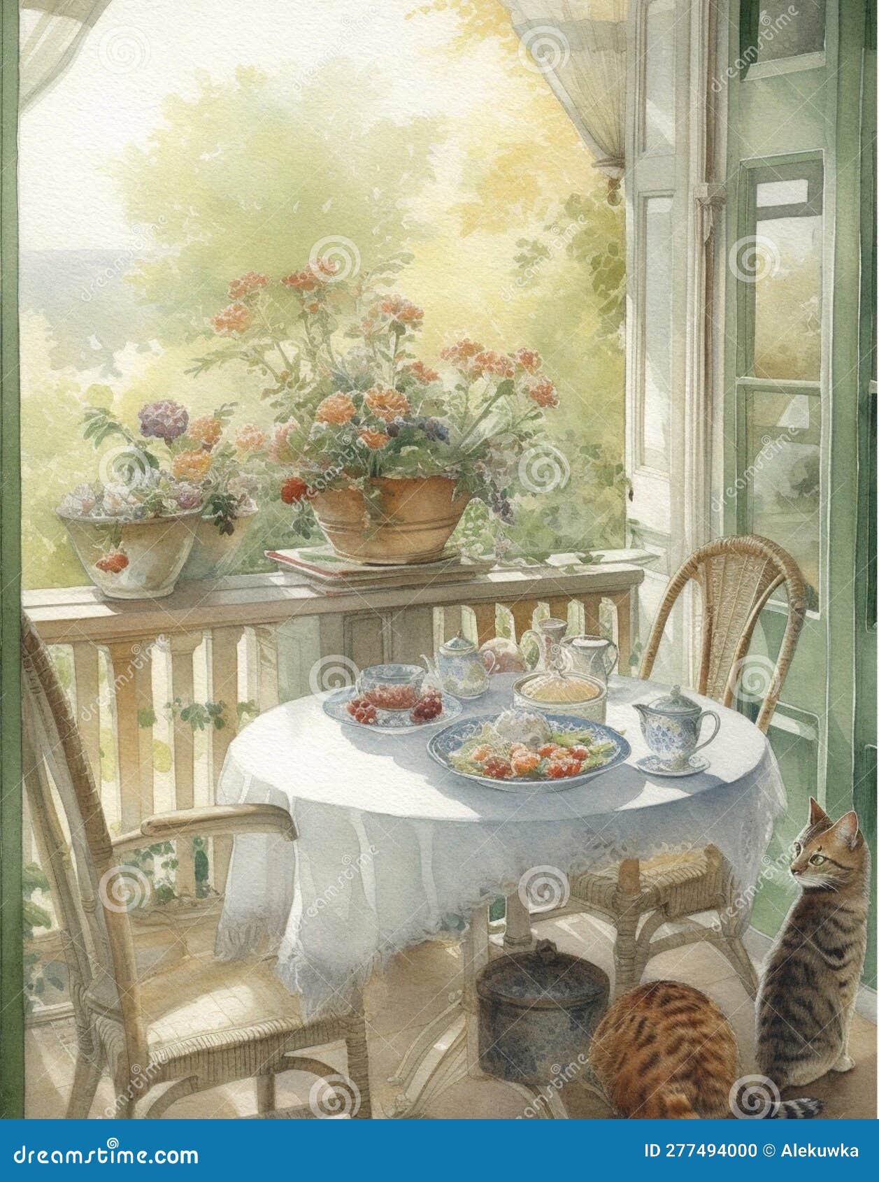 Watercolor Drawing of a Vintage Summer Veranda, Summer Breakfast on the ...