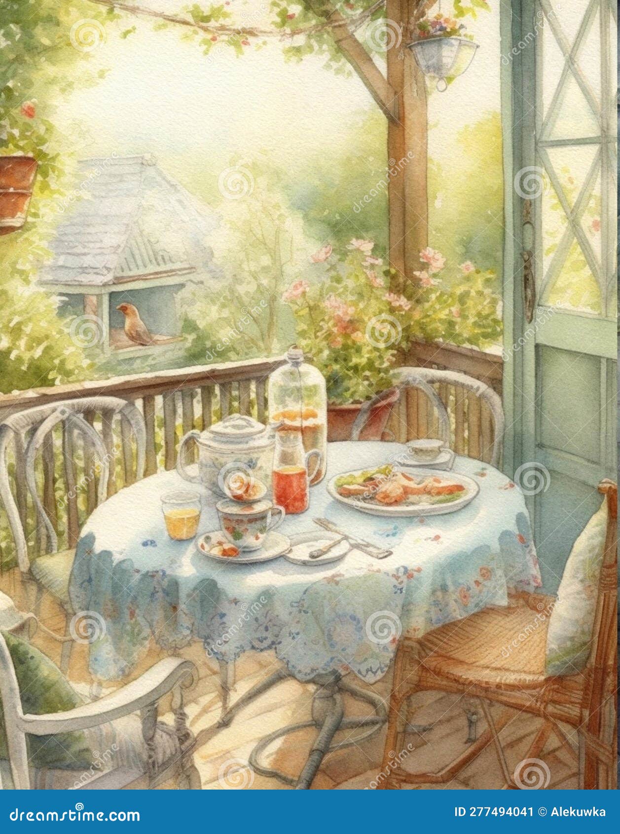 Watercolor Drawing of a Vintage Summer Veranda, Summer Breakfast on the ...