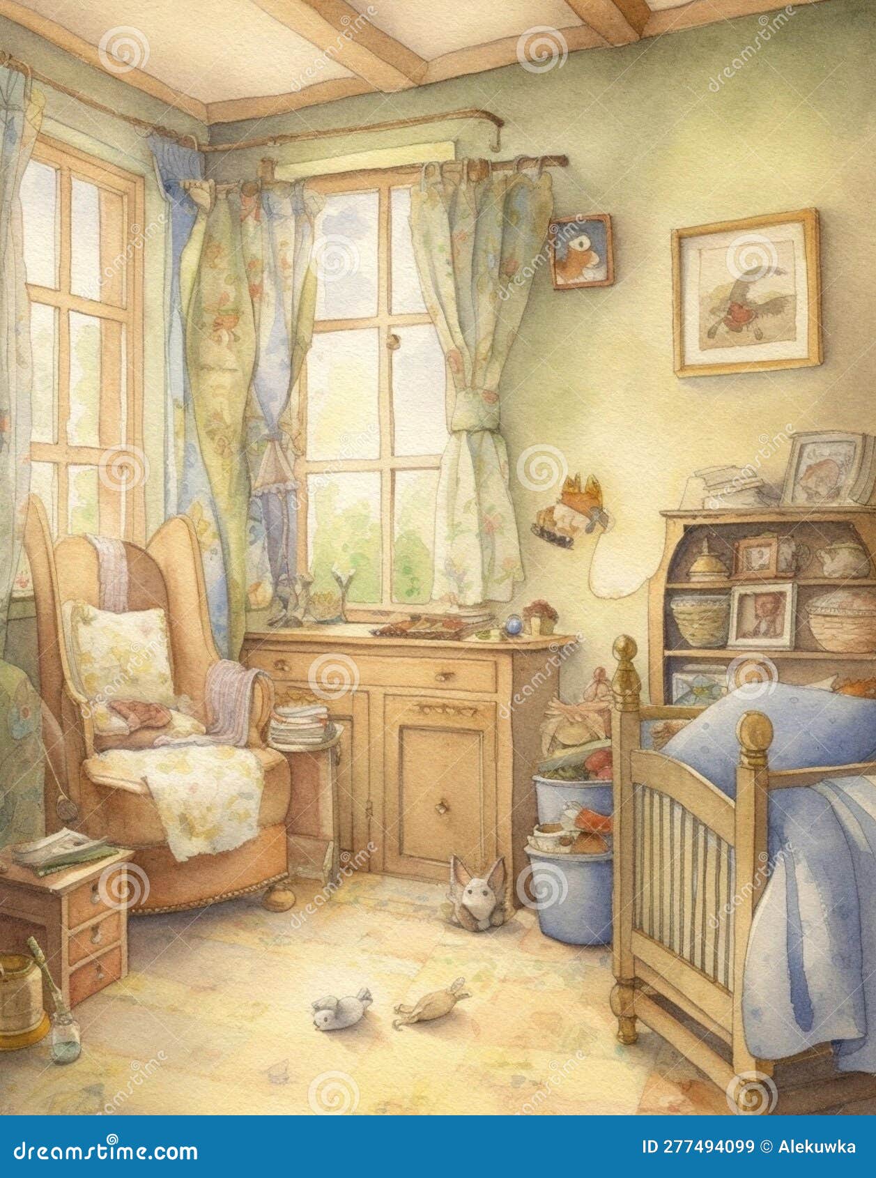 Watercolor Drawing of a Vintage Living Room, an Armchair in a Room in ...