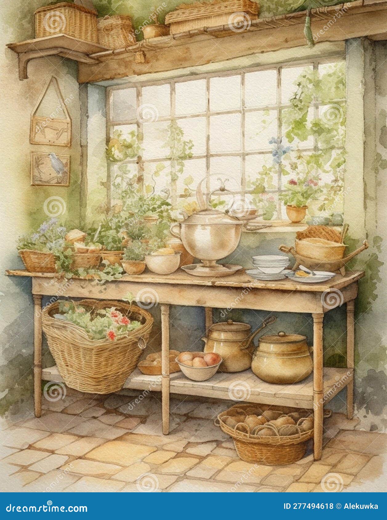 Watercolor Drawing of Vintage Kitchen, Rustic Kitchen in Pastel Colors ...
