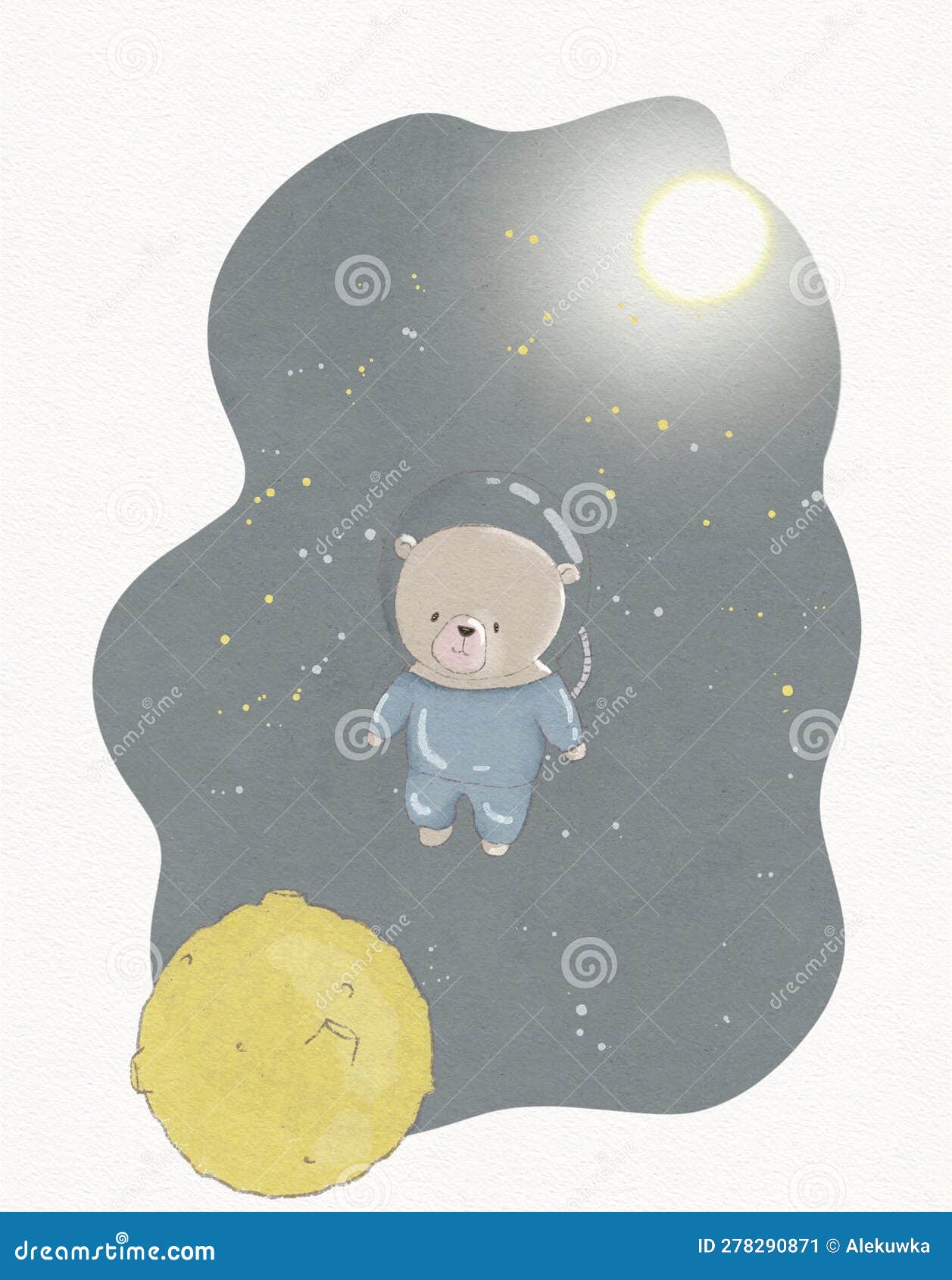Drawing Vintage Cute Cartoon Teddy Bear Astronaut in Space, Greeting ...