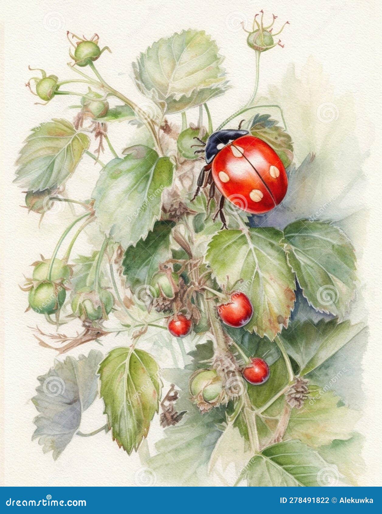 Watercolor Drawing Bush with Berries and Beetles Stock Illustration ...