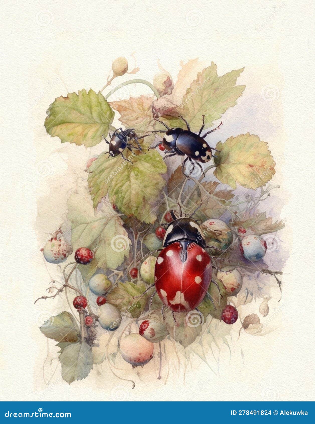 Watercolor Drawing Bush with Berries and Beetles Stock Illustration ...