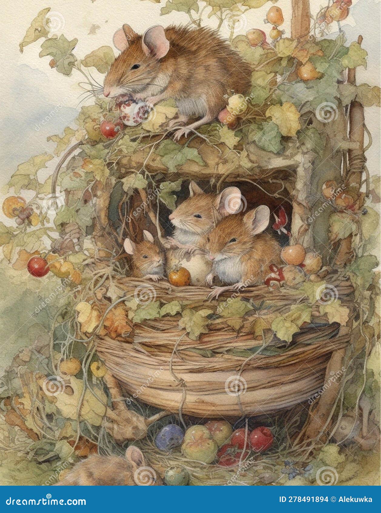 Watercolor Vintage Drawing Children S Book Illustration Family of Mice ...