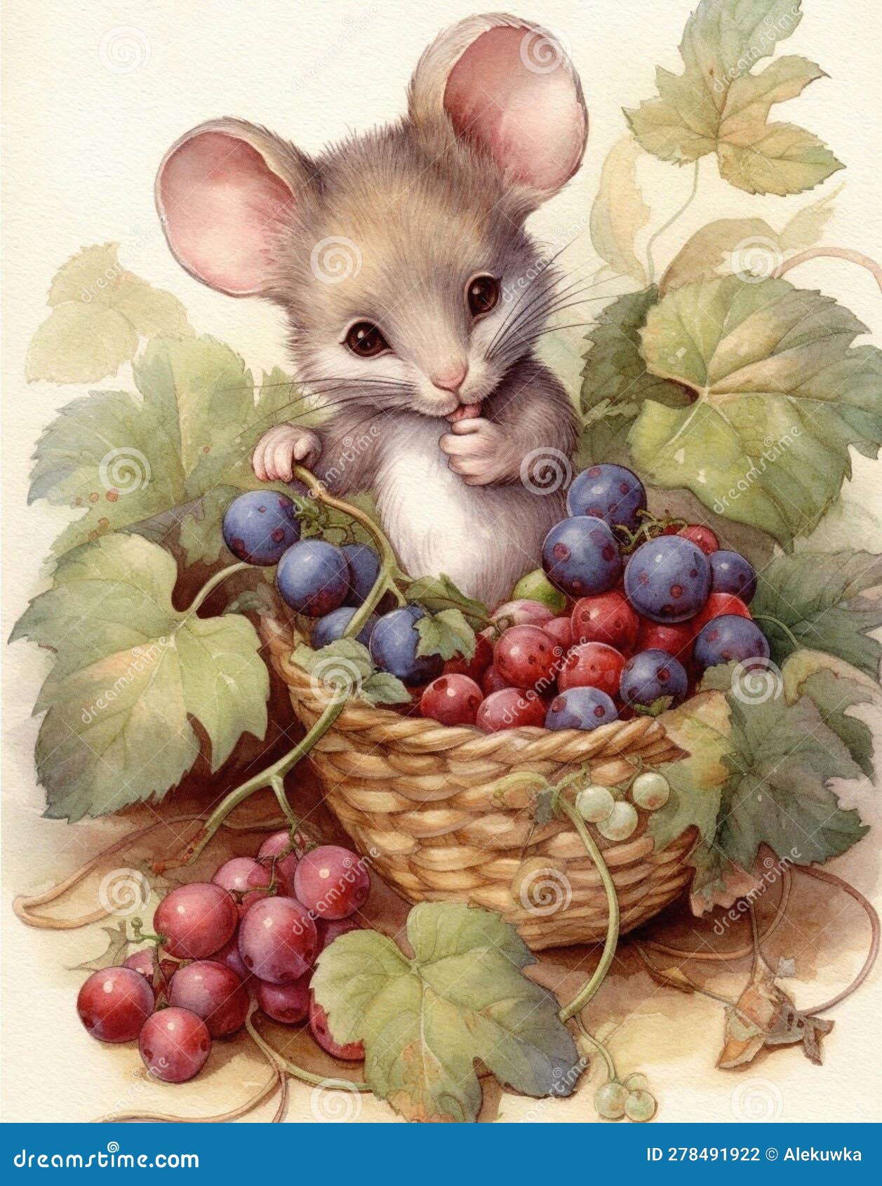 Watercolor Drawing Little Mouse Picking Berries in a Basket, Fairy ...