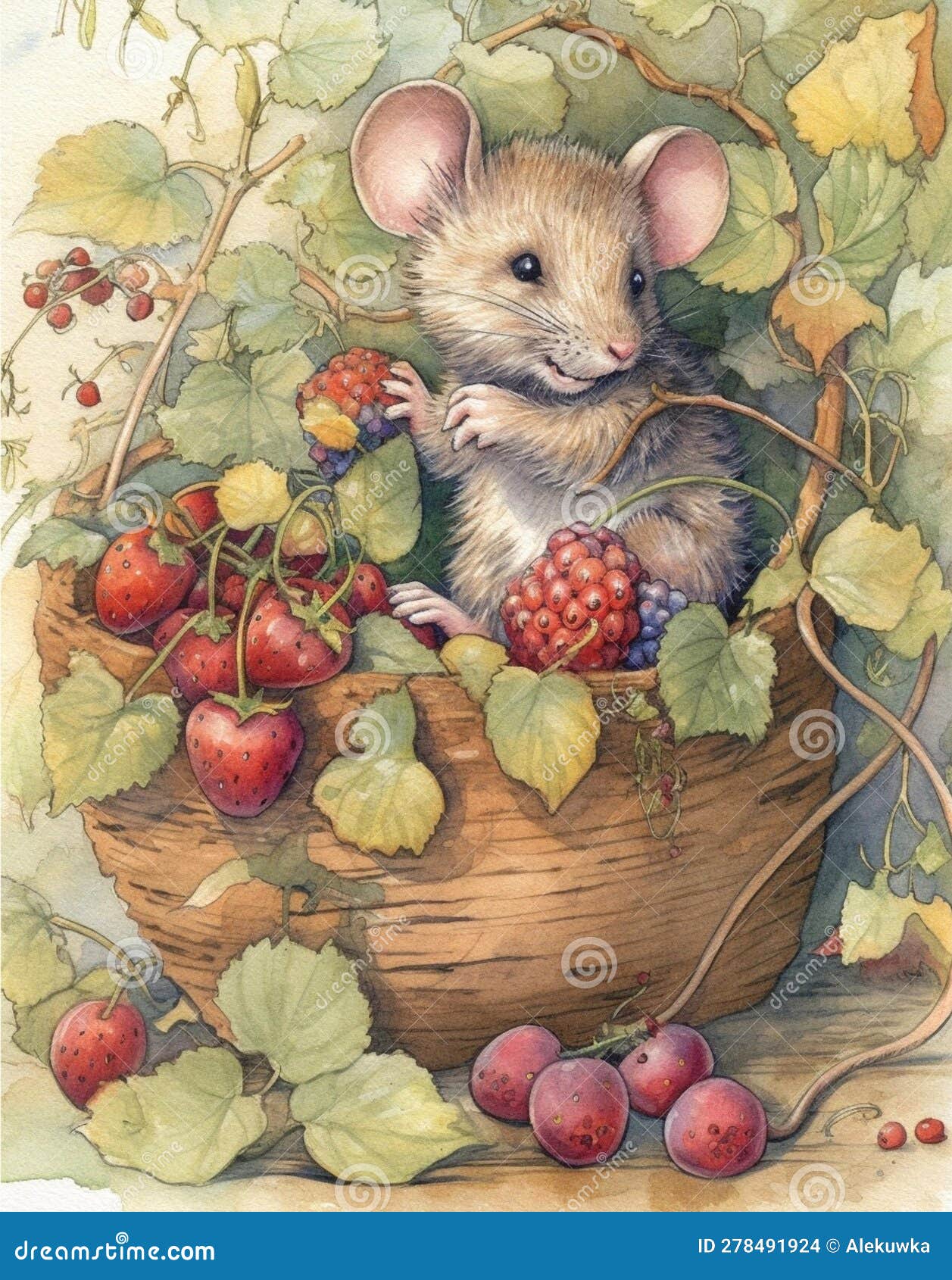 Watercolor Drawing Little Mouse Picking Berries in a Basket, Fairy ...