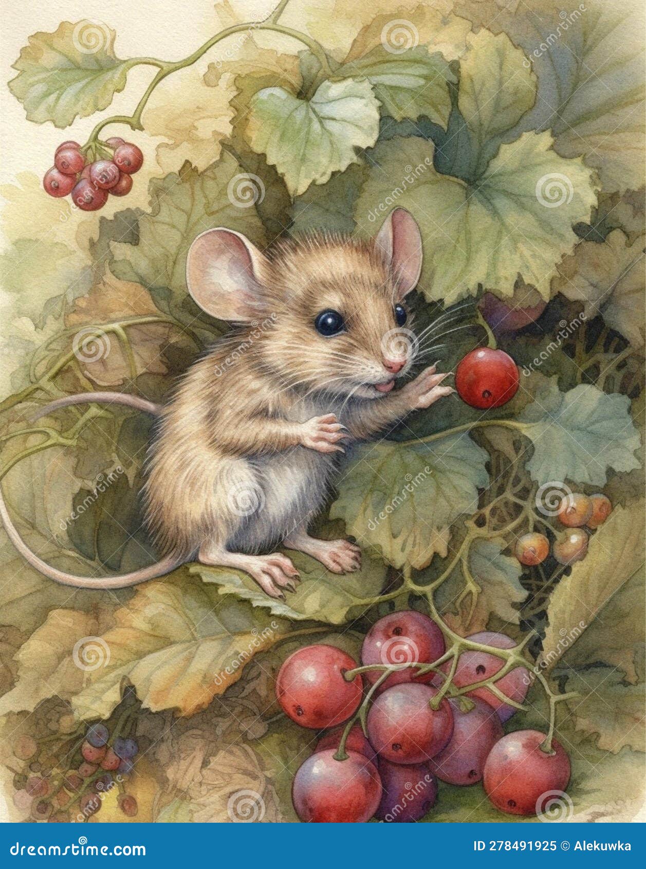 Watercolor Drawing Little Mouse Picking Berries in a Basket, Fairy ...