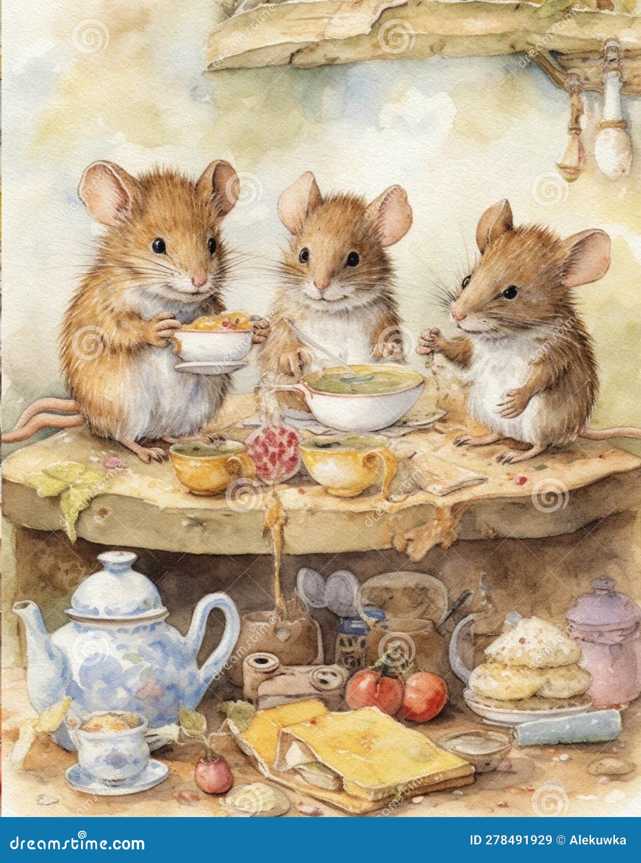 Watercolor Vintage Drawing Children S Book Illustration Family of Mice ...