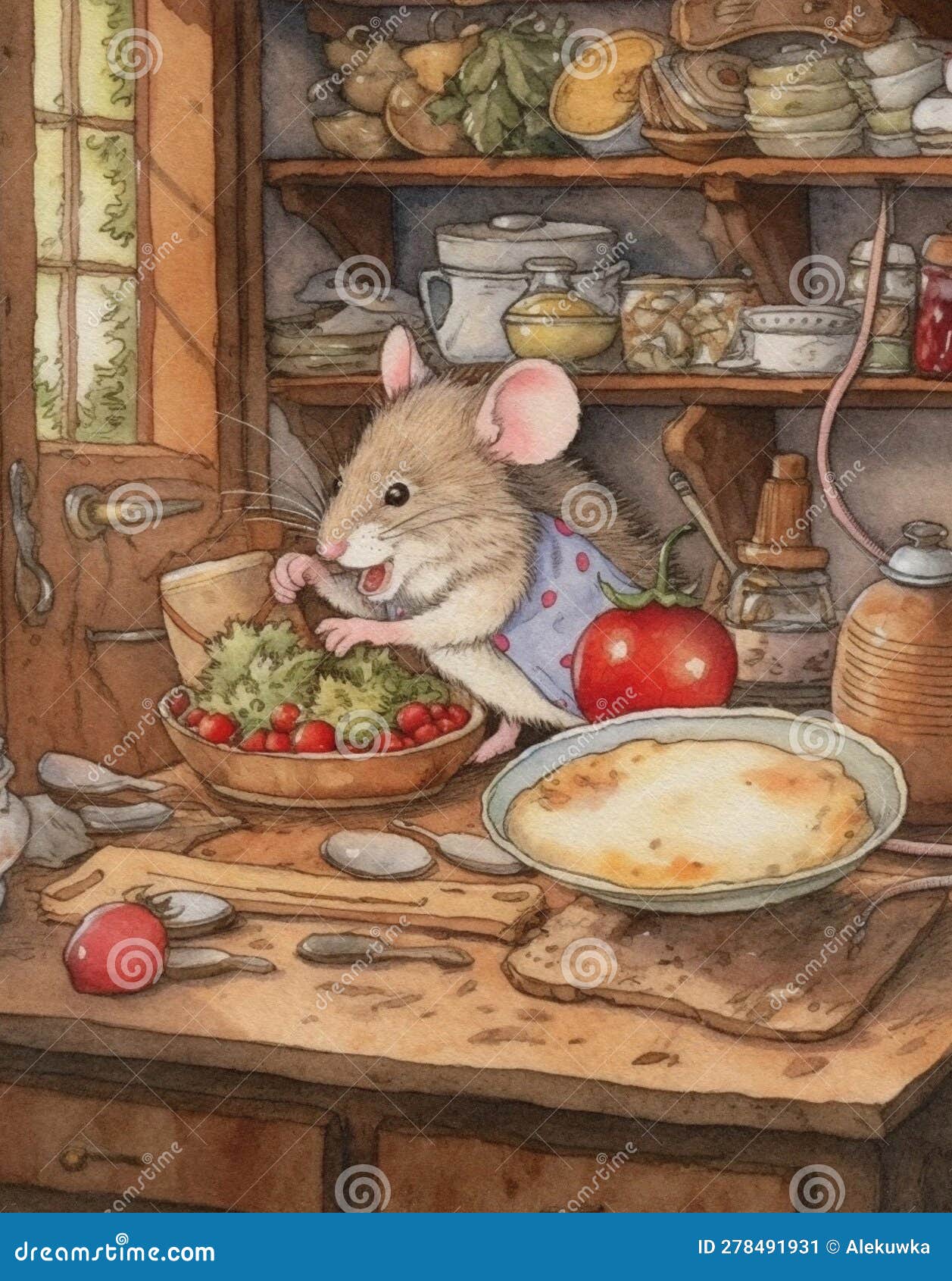 Watercolor Drawing Mouse Chef Cooks in the Kitchen, Forest House Stock ...