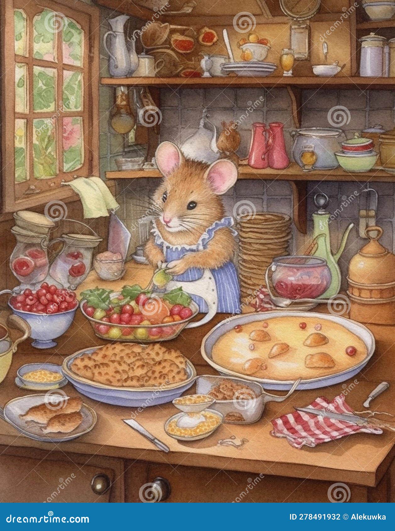 Watercolor Drawing Mouse Chef Cooks in the Kitchen, Forest House Stock ...