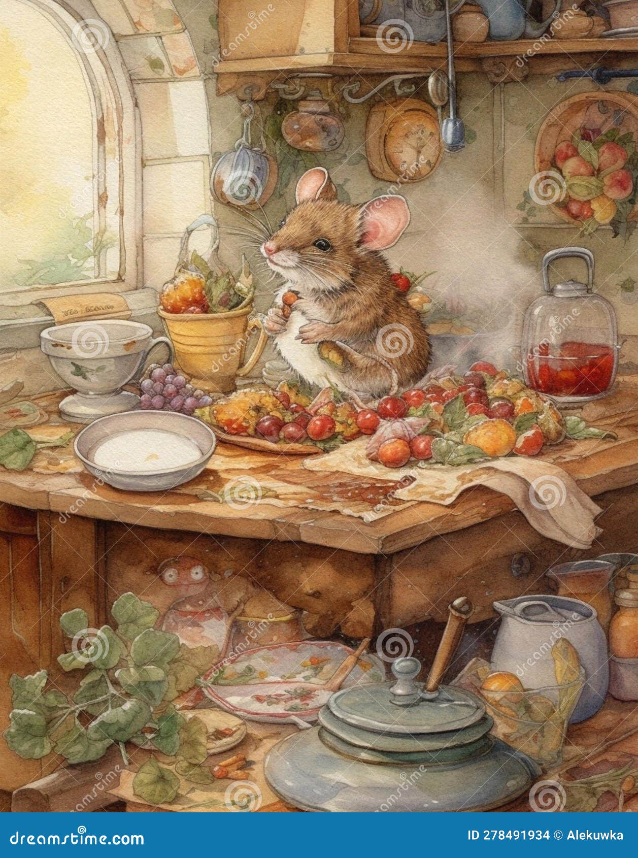 Watercolor Drawing Mouse Chef Cooks in the Kitchen, Forest House Stock ...