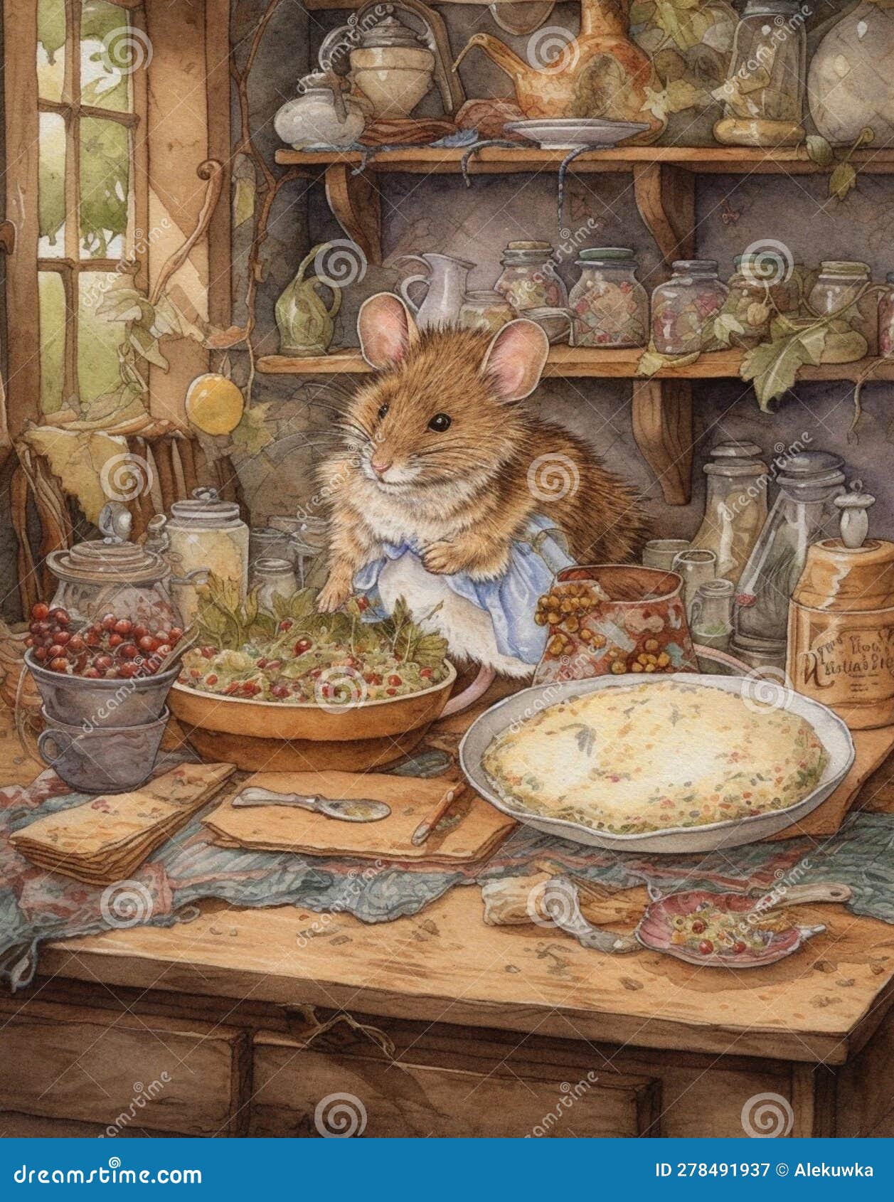 Watercolor Drawing Mouse Chef Cooks in the Kitchen, Forest House Stock ...