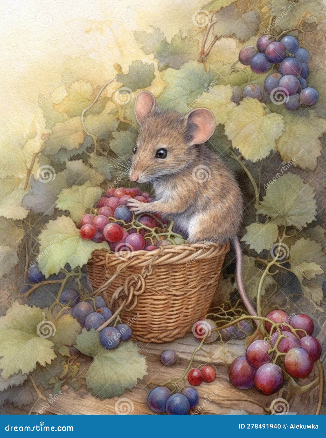 Watercolor Drawing Little Mouse Picking Berries in a Basket, Fairy ...
