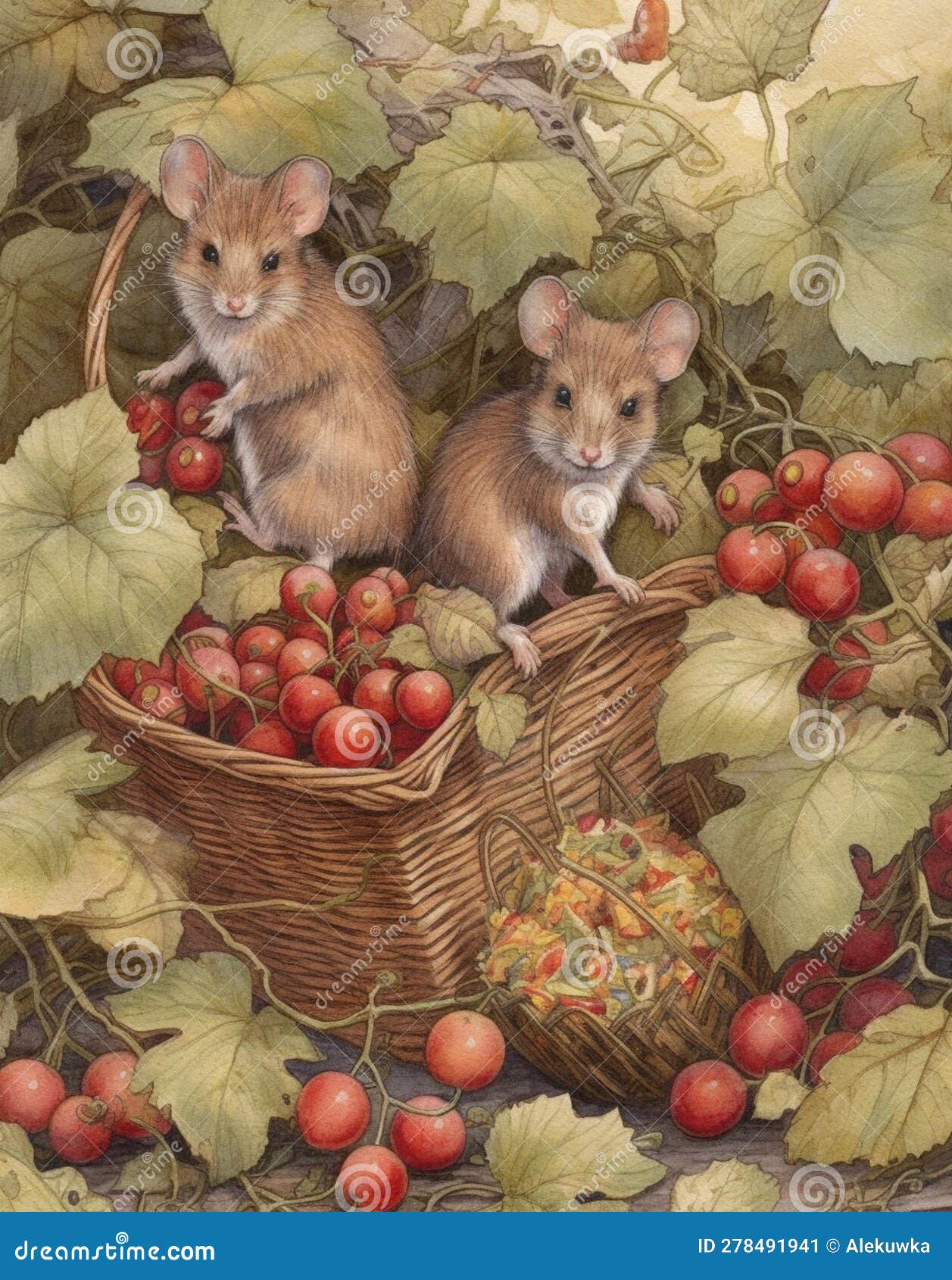 Watercolor Drawing Little Mouse Picking Berries in a Basket, Fairy ...