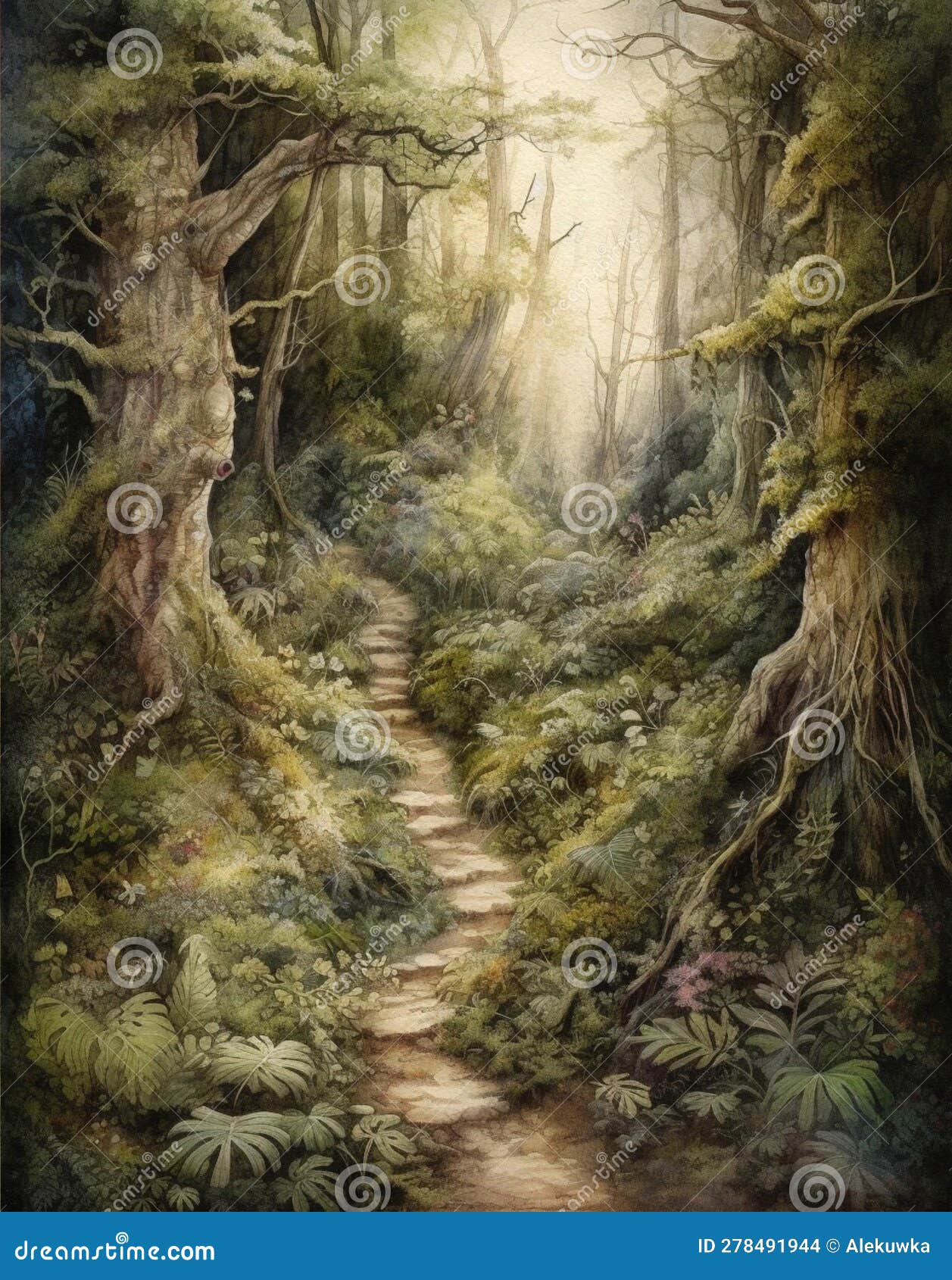 Watercolor Drawing Mysterious Forest, Forest Path and Sunlight Stock ...