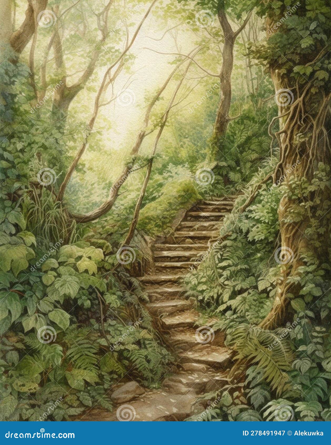 Watercolor Drawing Mysterious Forest, Forest Path and Sunlight Stock ...