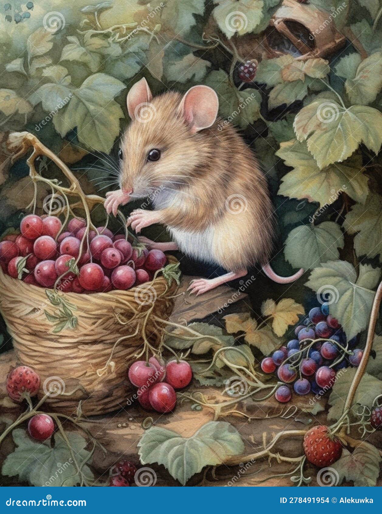 Watercolor Drawing Little Mouse Picking Berries in a Basket, Fairy ...