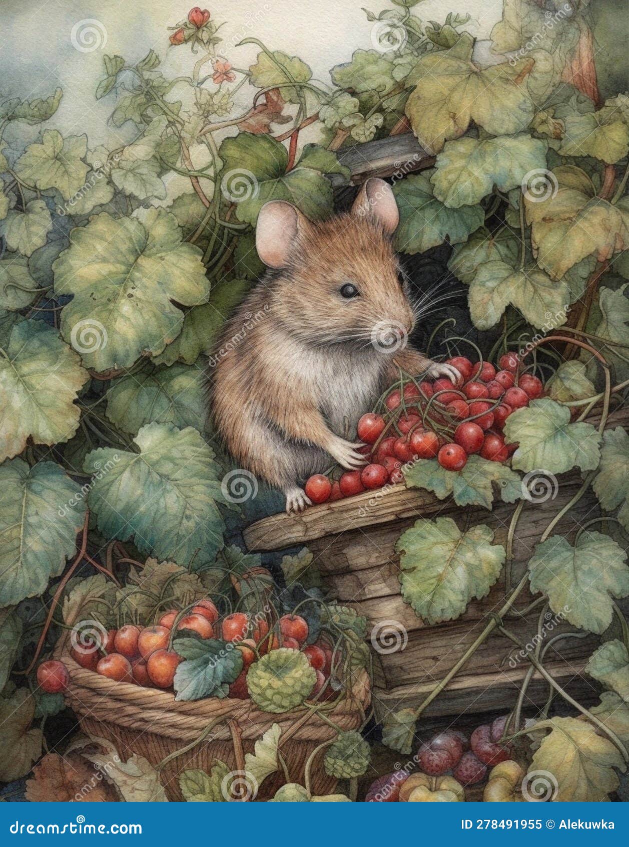 Watercolor Drawing Little Mouse Picking Berries in a Basket, Fairy ...