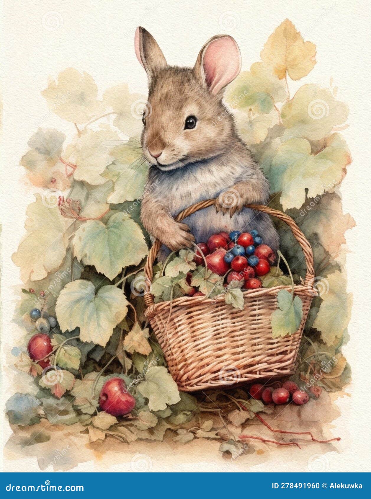 Watercolor Drawing Little Mouse Picking Berries in a Basket, Fairy ...