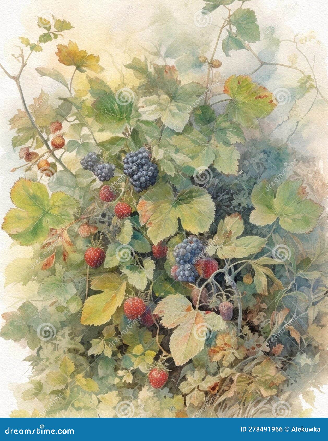 Watercolor Drawing Bush with Berries, Berry Field, Vintage Style Stock ...