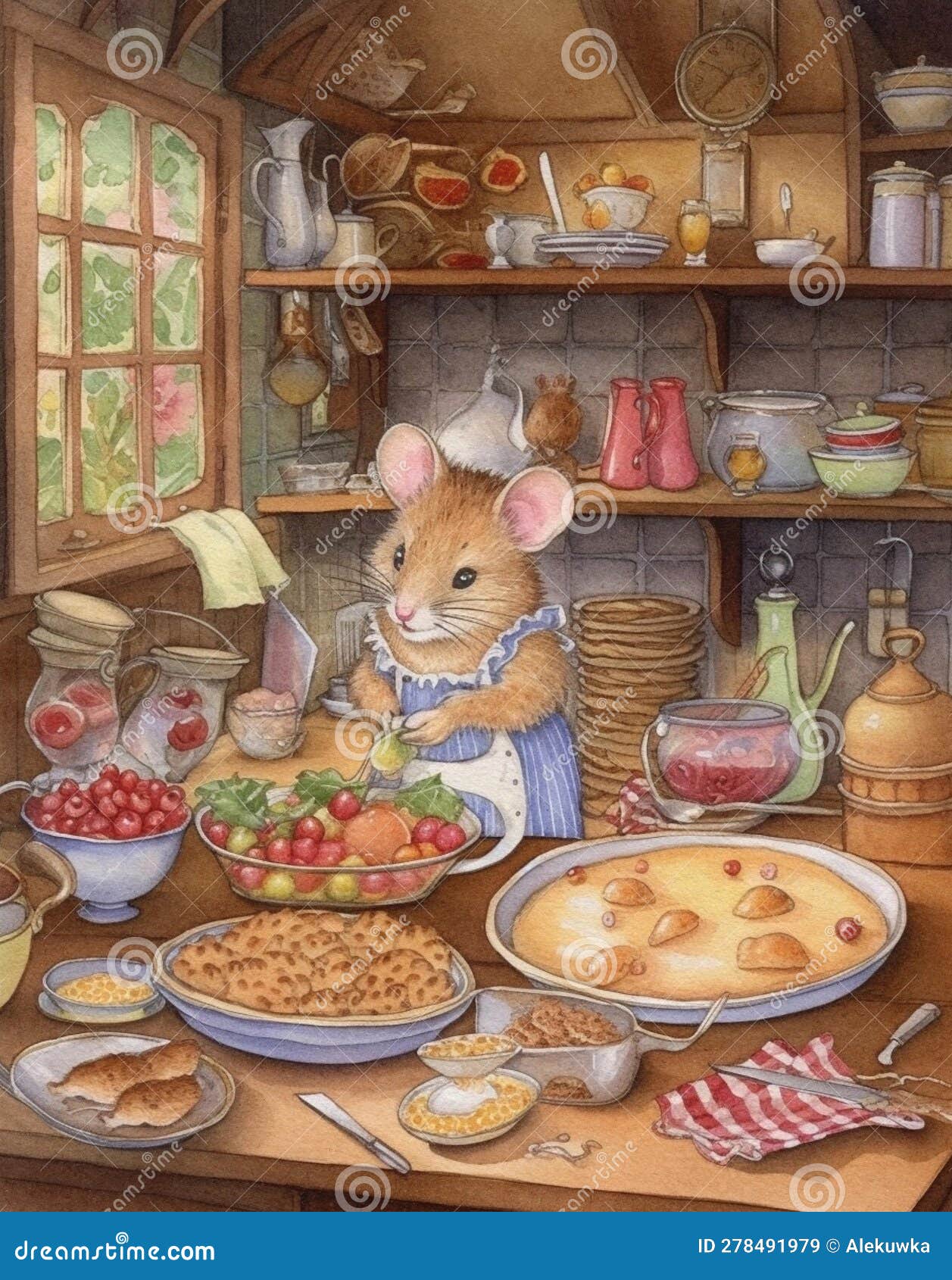 Watercolor Drawing Mouse Chef Cooks in the Kitchen, Forest House Stock ...